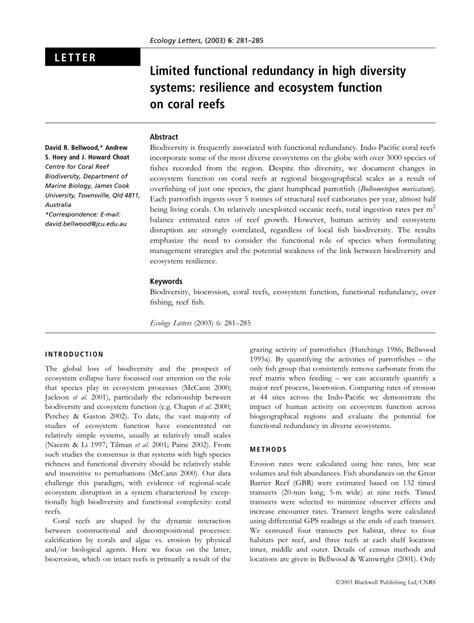 Pdf Limited Functional Redundancy In High Diversity Systems Resilience And Ecosystem Function