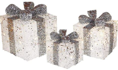 Декоративні подарунки з підсвічуванням під ялинку 3 шт біло сріблясті 20см 25см 30см Bonadi