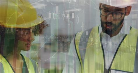 Image Of Statistics Processing Over Female Architect Holding Plans At Construction Site Stock