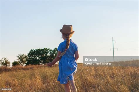 밀짚 모자를 쓴 사랑스러운 어린 소녀 잔디 밭 시골의 푸른 격자 무늬 여름 드레스 긴 금발 브레이드가있는 아이 땋은 머리에 대한 스톡 사진 및 기타 이미지 Istock