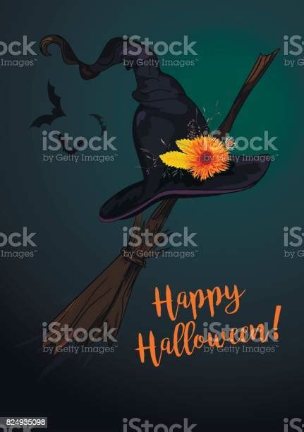해피 할로윈 텍스트 검은 비 오렌지 꽃 엉 겅 퀴 박쥐 비행 마녀 마법 모자와 인사말 카드 가 휴가 진한 파란색에 복사 공간 포스터 배너 벡터 아트 일러스트 디자인 10월에