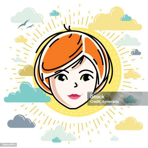 아름다운 여성 얼굴 인간의 머리 벡터 문자 매력적인 빨간 머리 레이디 얼굴 기능 감정에 대한 스톡 벡터 아트 및 기타 이미지