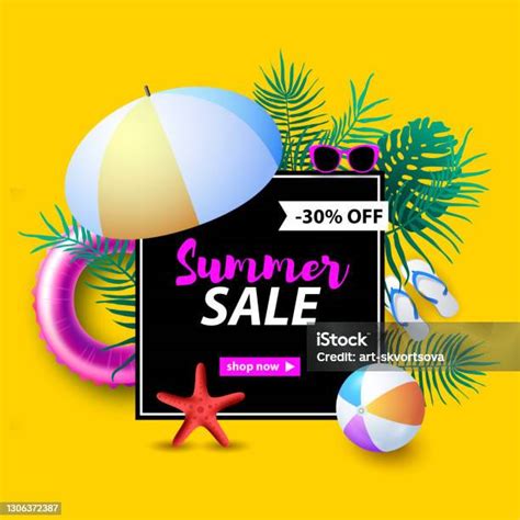 플로팅 링 선글라스 바다 불가사리 공 해변 슬리퍼 파라솔 야자수 잎여름 판매 배경 배너 포스터 전단지 30 할인 지금 쇼핑 벡터 일러스트 템플릿 3차원 형태에 대한 스톡