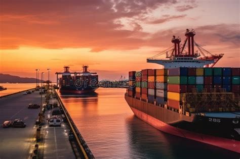 Logistic Terminal At A Sea Port With A Crane Loading Cargo Containers To Ship Freight Shipping