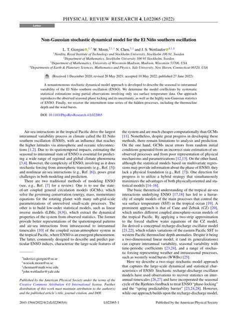 Pdf Non Gaussian Stochastic Dynamical Model For The El Niño Southern