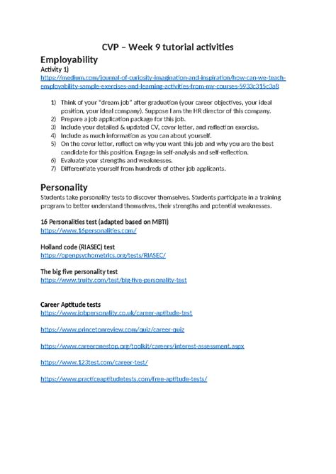Cvp Week 9 Activities Cvp Week 9 Tutorial Activities Employability