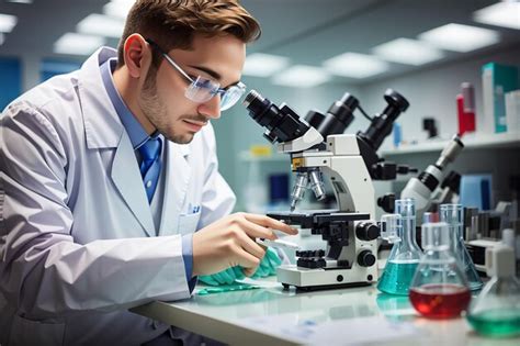 Premium Photo Chemist Is Analyzing Sample In Laboratory With Microscope