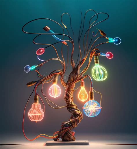 Tree From Electrical Wires Tangled And Glow Lamp Generative AI Stock Illustration