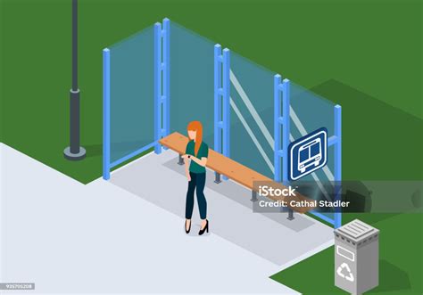 등각 투영 평면 3d 개념 벡터 일러스트 사람 거리에 버스 정류장에서 버스를 기다리고 있습니다 3차원 형태에 대한 스톡 벡터 아트 및 기타 이미지 Istock