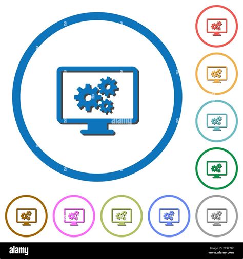 Screen Settings Flat Color Vector Icons With Shadows In Round Outlines On White Background Stock