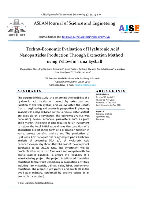 Pdf Techno Economic Evaluation Of Hyaluronic Acid Production Through Extraction Method Using