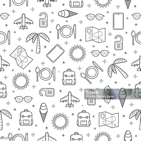 원활한 패턴 추상 낙서 요소 손으로 그린 컬렉션 여행 여행 여행 관광 벡터 디자인 스타일 배경 여름 야자수 태양 에어 플라엔 카메라 우산 배낭 일러스트 아이콘 가방에 대한