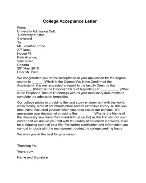 College Acceptance Letter Sample Edit Fill Sign Online Handypdf