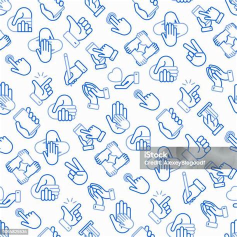 얇은 선 아이콘으로 손 제스처 원활한 패턴 악수 쉬운 기호 단일 탭 2 손가락 탭 스마트폰 팀워크 상호 도움 삽입 신용 카드를 들고 슬쩍 현대 벡터 일러스트입니다 4 명에