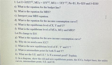 Solved 1 Let U 10XY1 2 MUX 10Y1 2 MUYY 5XY1 2 PX 5 Py 20 Chegg Com