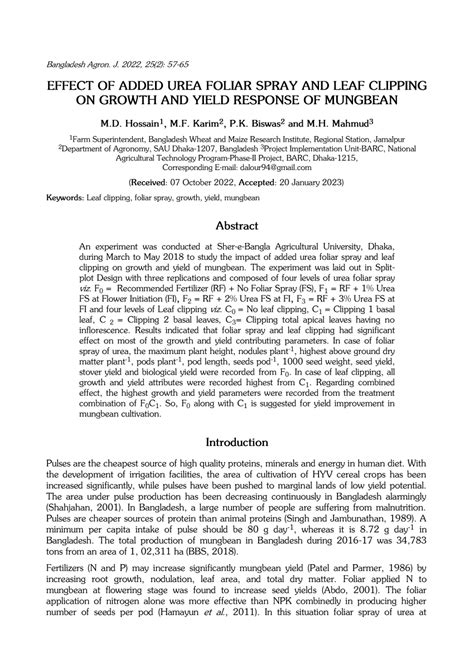 Pdf Effect Of Added Urea Foliar Spray And Leaf Clipping On Growth And Yield Response Of Mungbean