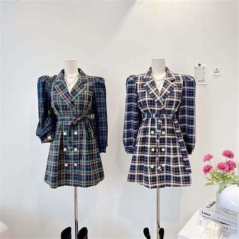 실물대존예봄신상 봄 카라 체크 배색 시스루 벌룬 퍼프 더블 트렌치 벨트 원피스 3color