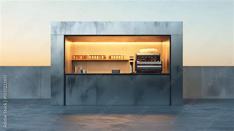 Minimalist Food Stall With Sleek Metal Walls Illuminated By Warm