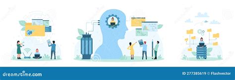 Data Management Set Tiny People Work With Data Folders Inside Abstract Human Head Stock Vector