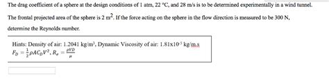 Solved The Drag Coefficient Of A Sphere At The Design Chegg Com