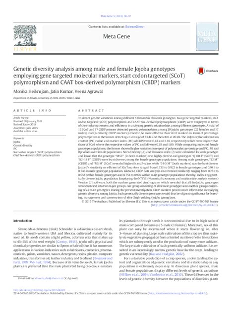 Pdf Genetic Diversity Analysis Among Male And Female Jojoba Genotypes Employing Gene