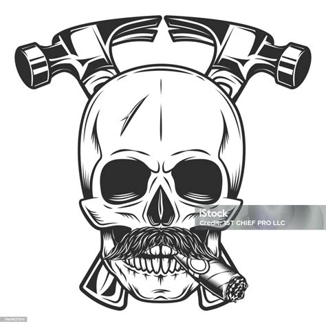 두개골 스모키그 시가 또는 담배 콧수염과 건축업자는 단색 빈티지 스타일의 일러스트레이션에서 새로운 건축 및 리모델링 주택 사업에서 망치를 교차 Diy에 대한 스톡 벡터 아트