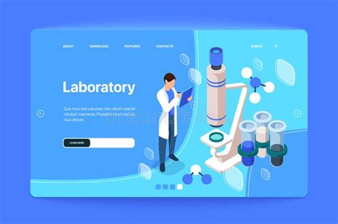 Scientist Using A Tablet With A Microscope And Test Tubes On A Blue Background Vector