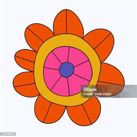 벡터 고립 히피 꽃 카모마일 60대와 70년대히피 스타일의 무지개 식물 식물 패턴의 요소입니다 환각 야생화 꽃 봉오리여름 스티커 유치한 손으로 그린 스타일 1960 1969