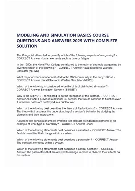 Modeling And Simulation Basics Course Questions And Answers 2025 With Complete Solution
