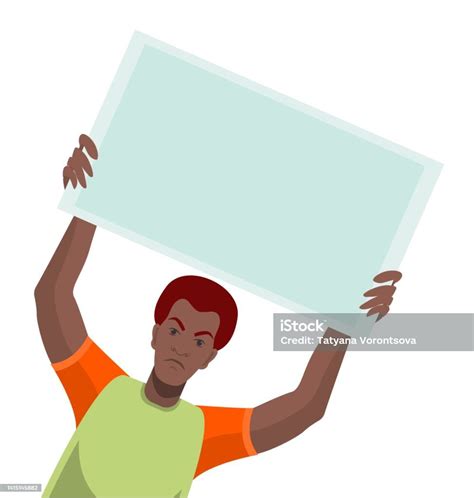플랫 스타일의 젊은 흑인 남성이 흰색 배경에 머리 위에 빈 포스터로 항의합니다 Liberation에 대한 스톡 벡터 아트 및 기타 이미지 Liberation 공란