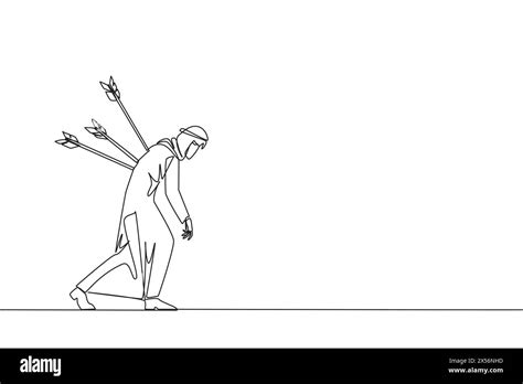 Single Continuous Line Drawing Arab Businessman Standing And Several Arrows Stuck In The Back