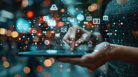 Premium Photo A Person Interacts With A Tablet Displaying Various Digital Icons And