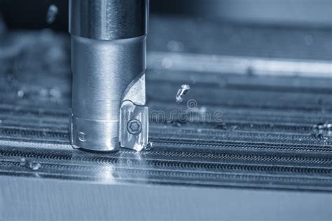 Close Up Scene The Cnc Milling Machine Rough Cutting The Mold Parts By Indexable Tools Stock