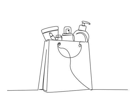 Continuous One Line Drawing Of Cosmetic Product On Paper Bag Premium