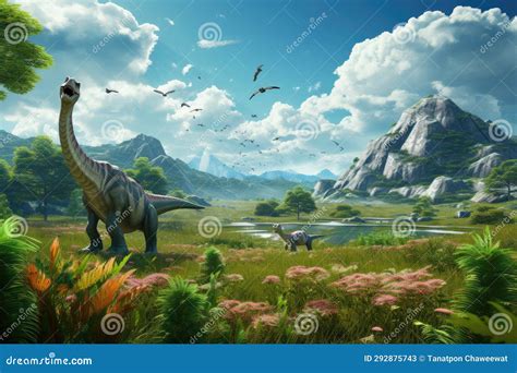 Dinosaurs In The Triassic Period Age In The Green Grass Land And Blue