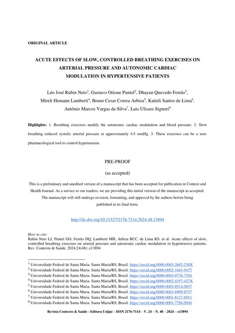 Pdf Acute Effects Of Slow Controlled Breathing Exercises On Arterial Pressure And Autonomic