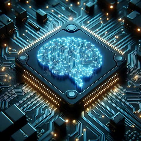Artificial Intelligence Hardware Concept Glowing Blue Brain Circuit On Microchip Stock