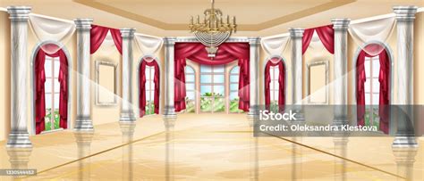 로얄 팰리스 볼룸 인테리어 배경 중세 성 홀 대리석 기둥 샹들리에 창문 아치 무도회장에 대한 스톡 벡터 아트 및 기타 이미지