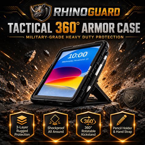 Rhinoguard Tactical 360 Heavy Duty Ipad Case With Kickstand Hand Strap