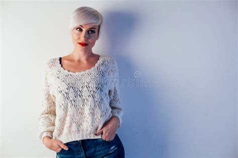 Portrait Of A Beautiful Woman With Short White Hair Stock Photo Image Of Background Lifestyle
