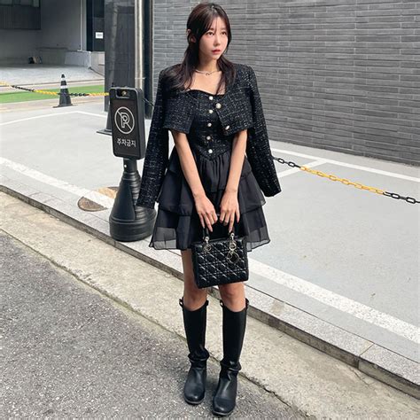 더유미 블랙스완 볼레로 트위드 크롭 자켓 트위드 탑 나시 미니 원피스 세트 투피스 강남룩 청담룩 파티룩 연말룩 주인공룩