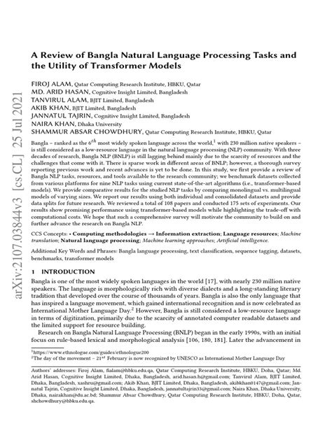 Alam Et Al 2021 A Review Of Bangla Natural Language Processing Tas Pdf Deep Learning