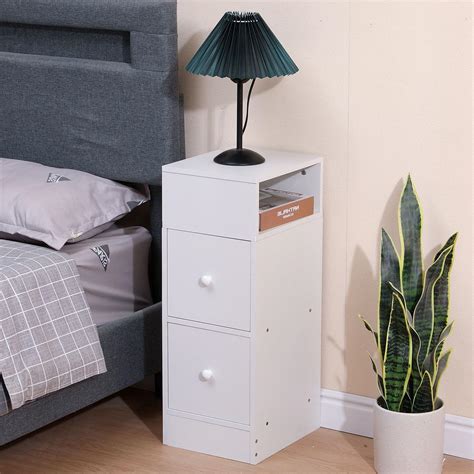 Slim Bedside Table With 2 Drawers And Open Shelf Compact Wooden Lamp