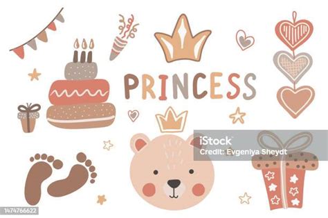 벡터 손으로 그린 베이비 샤워 Boho 컬렉션은 보육 장식을 위한 귀여운 케이크 선물 상자를 가진 소녀를 위한 것입니다 생일 어린이 파티 의류 인쇄 인사말 카드 공주에 딱