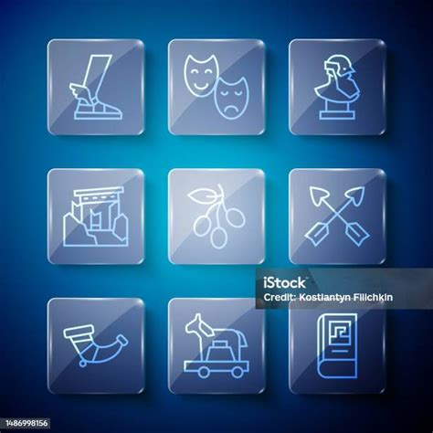 사냥 뿔 트로이 목마 그리스 역사 책 고대 흉상 조각 올리브 가지 폐허 헤르메스 샌들 및 교차 화살표 아이콘을 설정합니다 벡터