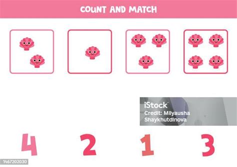 아이들을위한 카운팅 게임 모든 귀여운 분홍색 조개를 세고 숫자와 일치시킵니다 어린이를위한 워크 시트 0명에 대한 스톡 벡터 아트