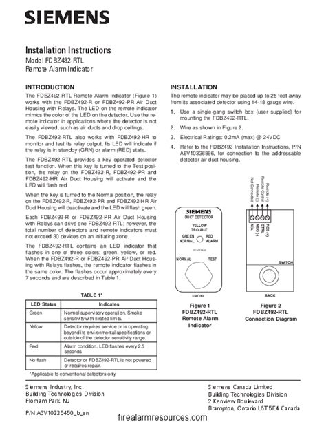 Siemens Fdbz492 Rtl Remote Alarm Indicator Installation Instructions