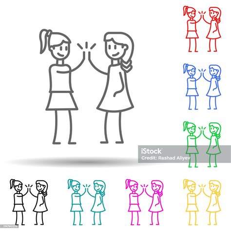 쾌활한 여자 친구 멀티 컬러 스타일 아이콘입니다 Ui 및 Ux 웹 사이트 또는 모바일 응용 프로그램에 대한 우정 아이콘의 간단한 얇은 라인 개요 벡터 귀여운에 대한 스톡