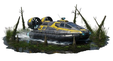 Dynamic Hovercraft Navigating Through Lush Green Swamp Environment