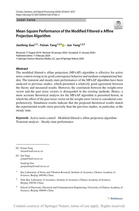 Mean Square Performance Of The Modified Filtered X Affine Projection Algorithm Request Pdf